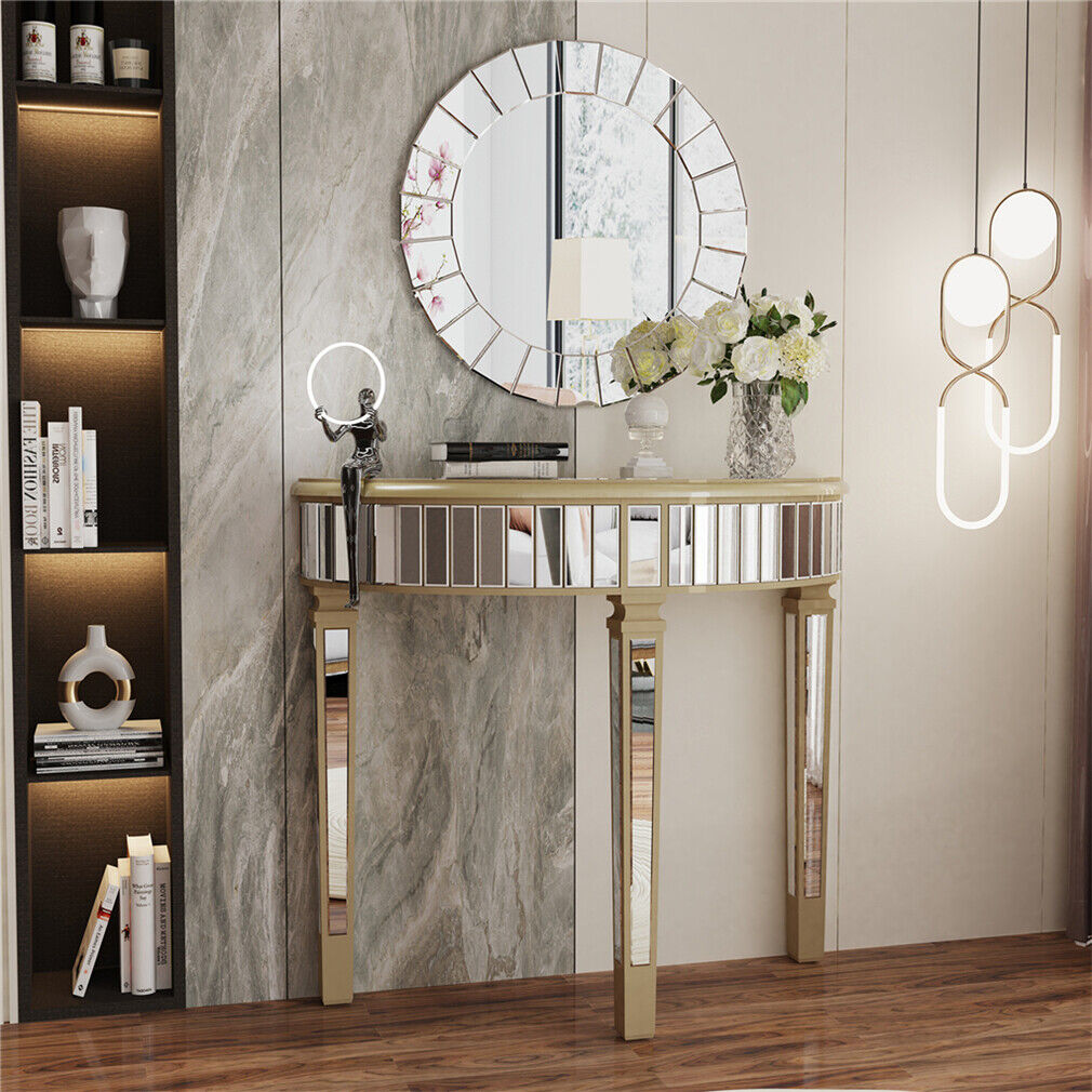 Half Moon Silver Mirror Console Table Narrow Side Sofa Table – Smart Home