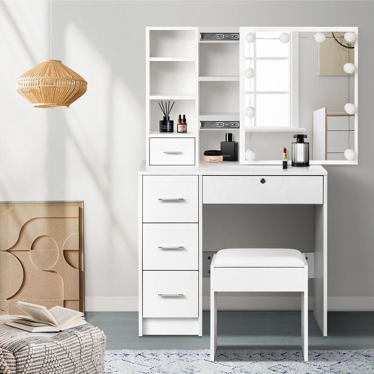 Dressing Table Stool Set Makeup Slide Mirror Drawers 10 LED Bulbs- Whi ...