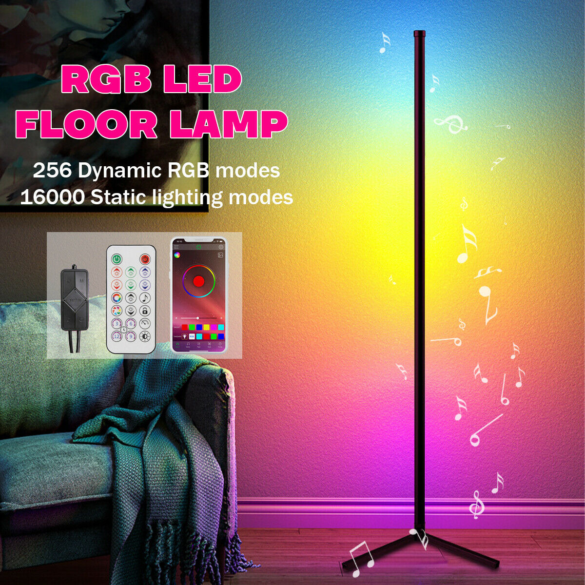 150CM LED RGB Floor Lamp Light Stand Corner Remote App Push Button Con ...